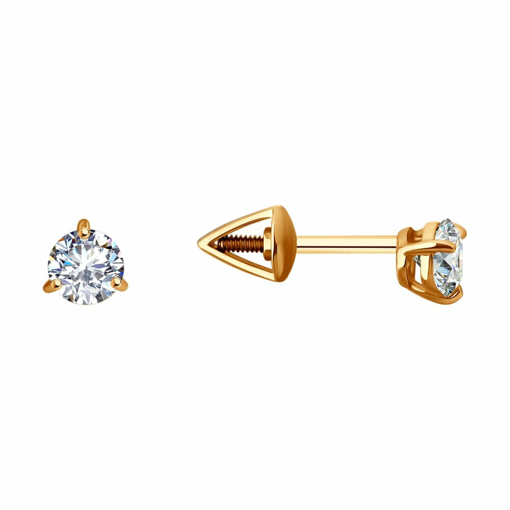 Серьги пусеты, красное золото, 585 проба, фианит