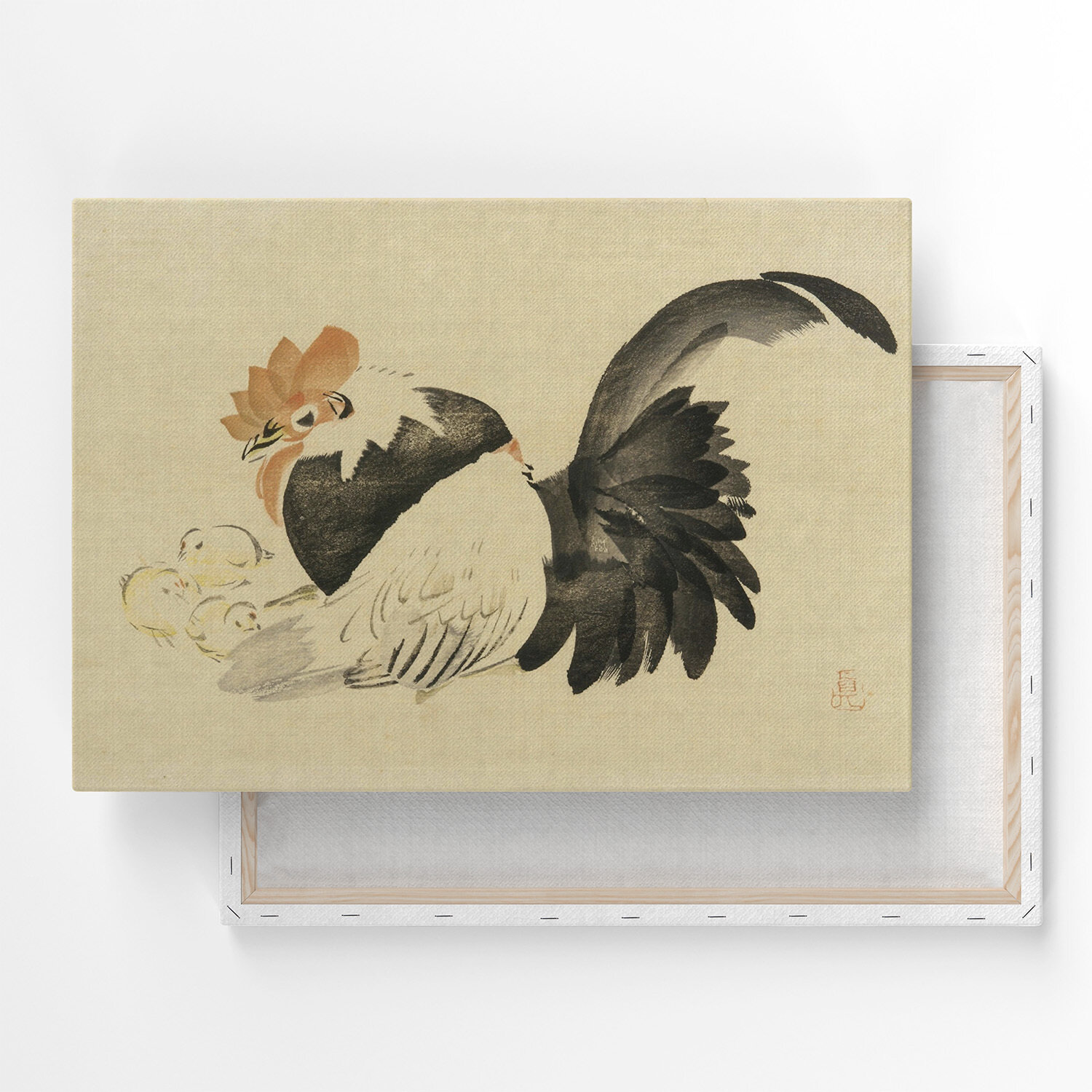 Картина на холсте, репродукция / Сибата, Дзэсин - Петух, курица и птенцы / Размер 30 x 40 см