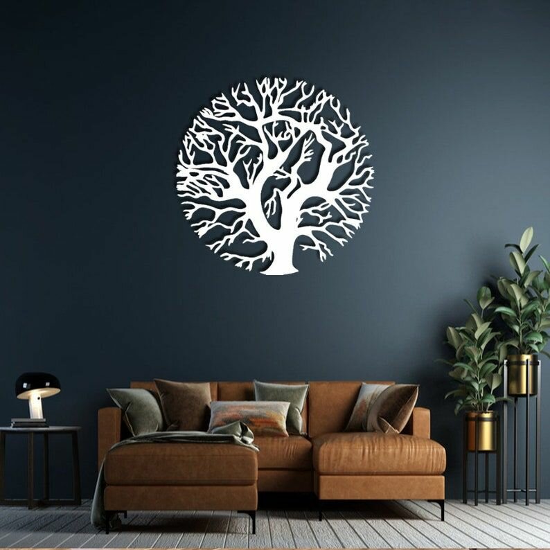 Декоративное металлическое панно, Дерево с круглой кроной (белый цвет)