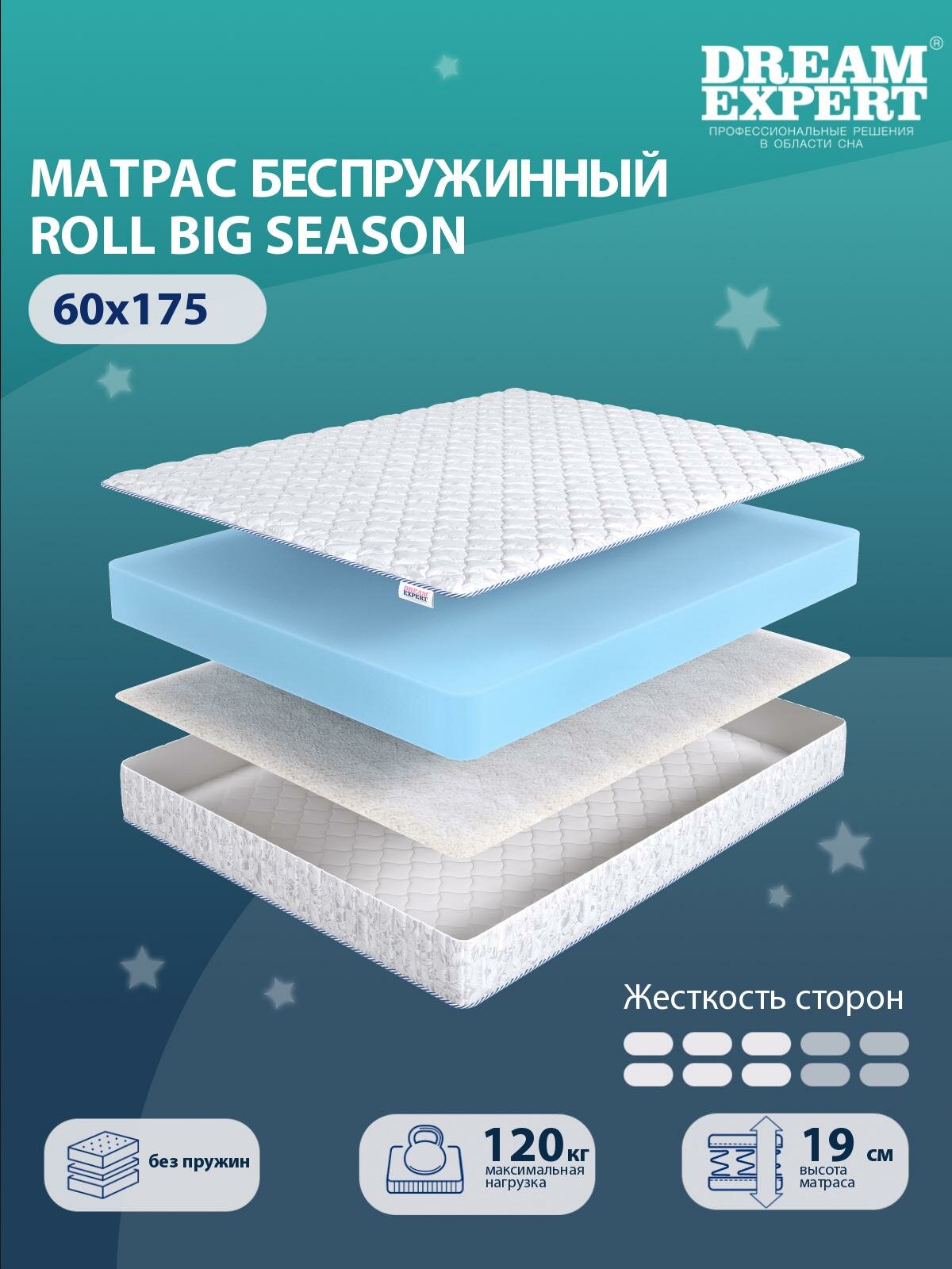 Матрас, Сезонный матрас DreamExpert Roll Big Season средней жесткости, детский, чехол хлопковый жаккард, беспружинный, на кровать 60x175
