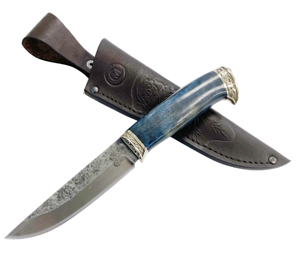 Нож Ястреб, кованая 9XC, рукоять из ценных пород древесины и мельхиора