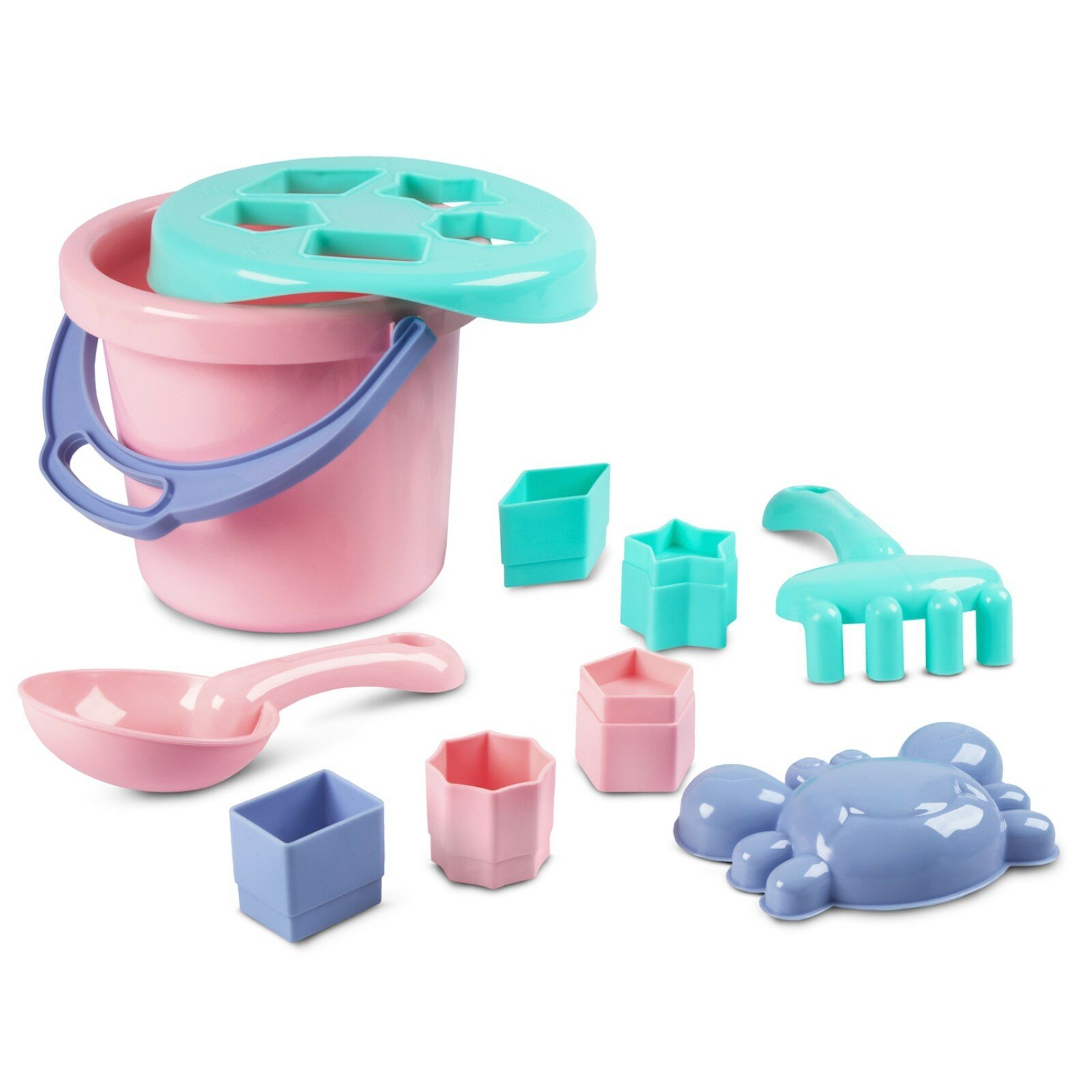 Набор игрушек для песочницы — сортер, 10 предметов: ведро, лопатка, грабли, формочка, 5 фигур, бирюзово-розовый