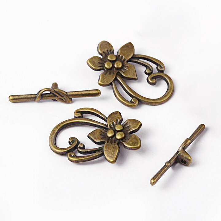 Застежка, 29х20мм, тогл, цветок, базовый материал - оловянный сплав, бронзового цвета, 5 шт.
