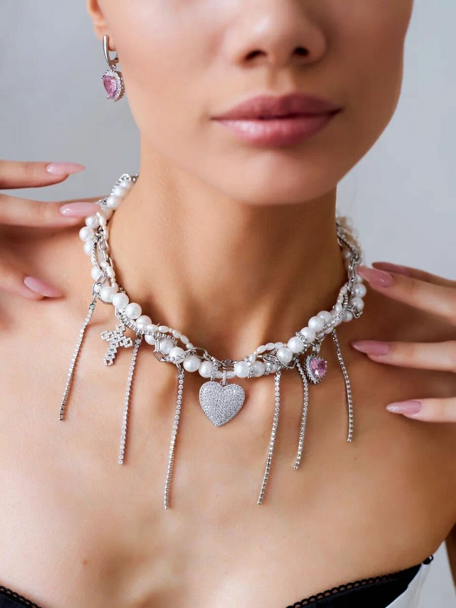 Колье, фианит, искусственный камень, жемчуг имитация