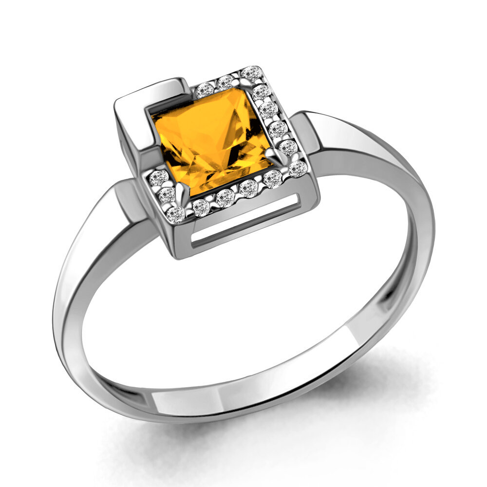 Кольцо, серебро, 925 проба, родирование, цитрин, фианит