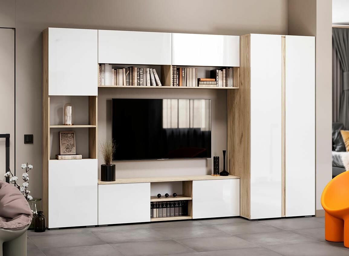 Модульная гостиная Алетра дуб крафт серый / глянец белый комплектация 1