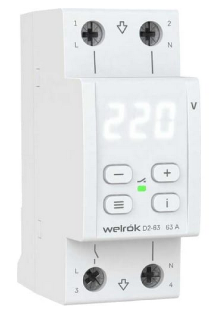 Реле напряжения Welrok / Вэлрок D2-63 однофазное с транзитом нуля в корпусе из пластмассы, белый, 63А, 120(280)В / электрика