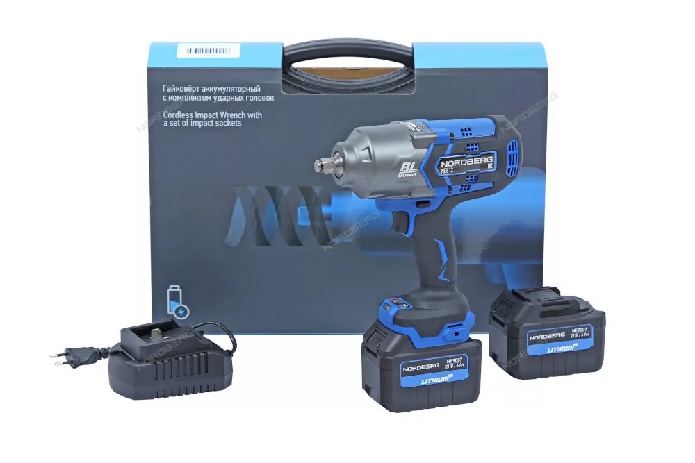 NE812K Гайковерт аккумуляторный, 1/2", 21В, 1700 Нм с двумя 6A акк. и зар. уст-вом 1,8A, в кейсе NORDBERG NE812K