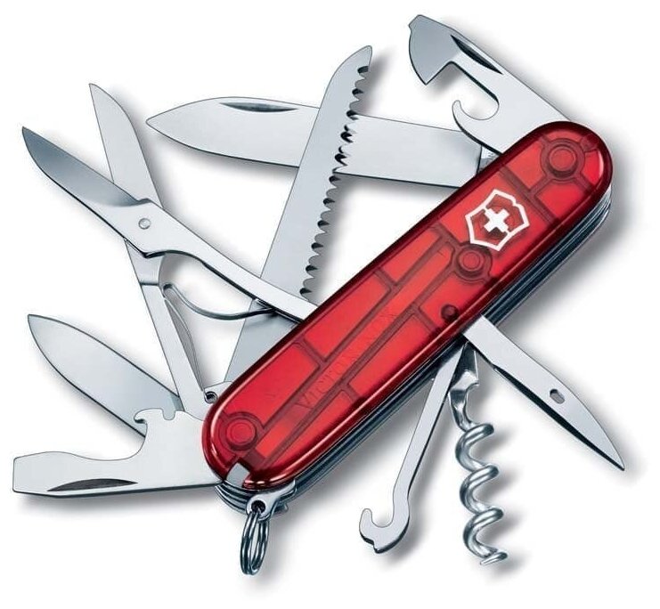 Нож перочинный VICTORINOX Huntsman, 91 мм, 15 функций, полупрозрачный красный