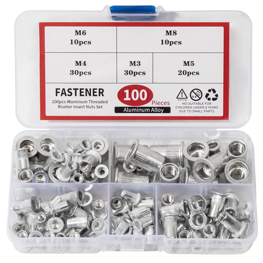 100 шт, алюминиевые заклепки, гайки M3, M4, M5, M6, M8, плоские гайки с резьбовой вставкой, набор гаек Nutsert, метрические наборы заклепок