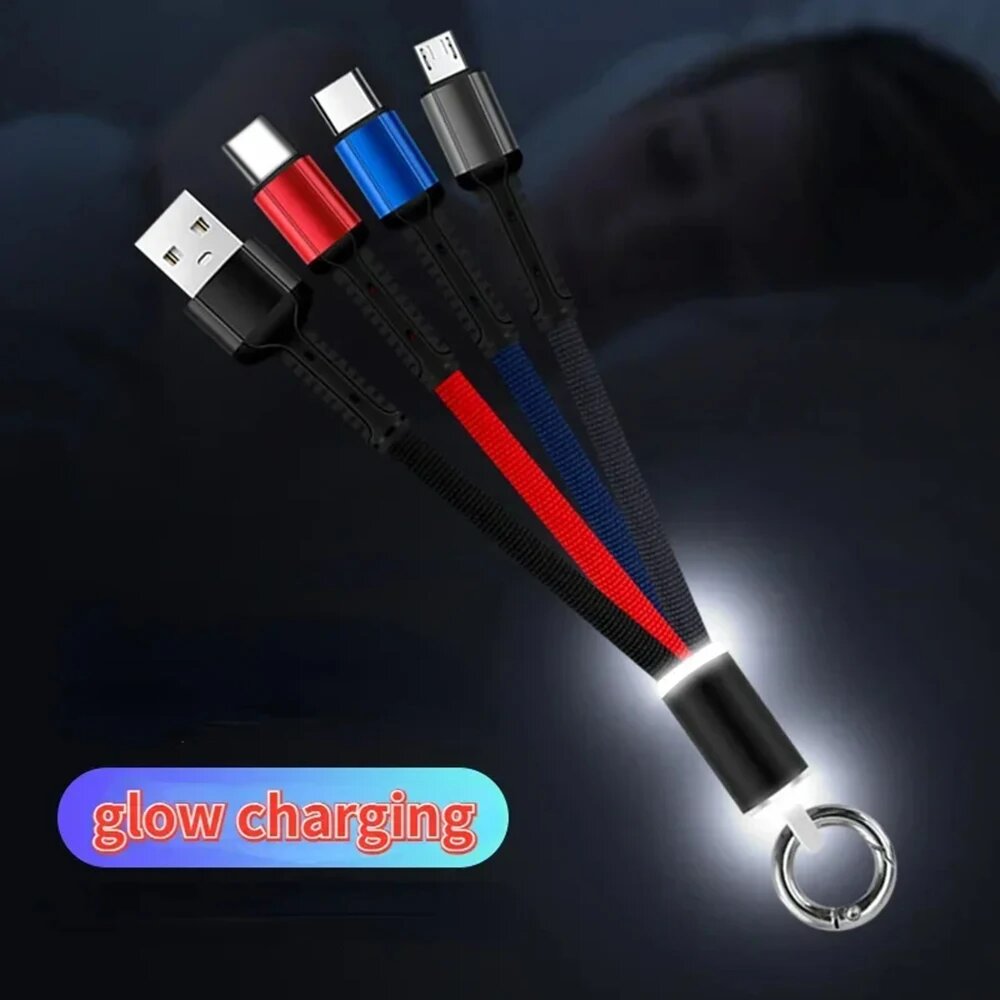 3-в-1 USB кабель со светящимся кольцом, 16 см, для iPhone/Samsung/Huawei