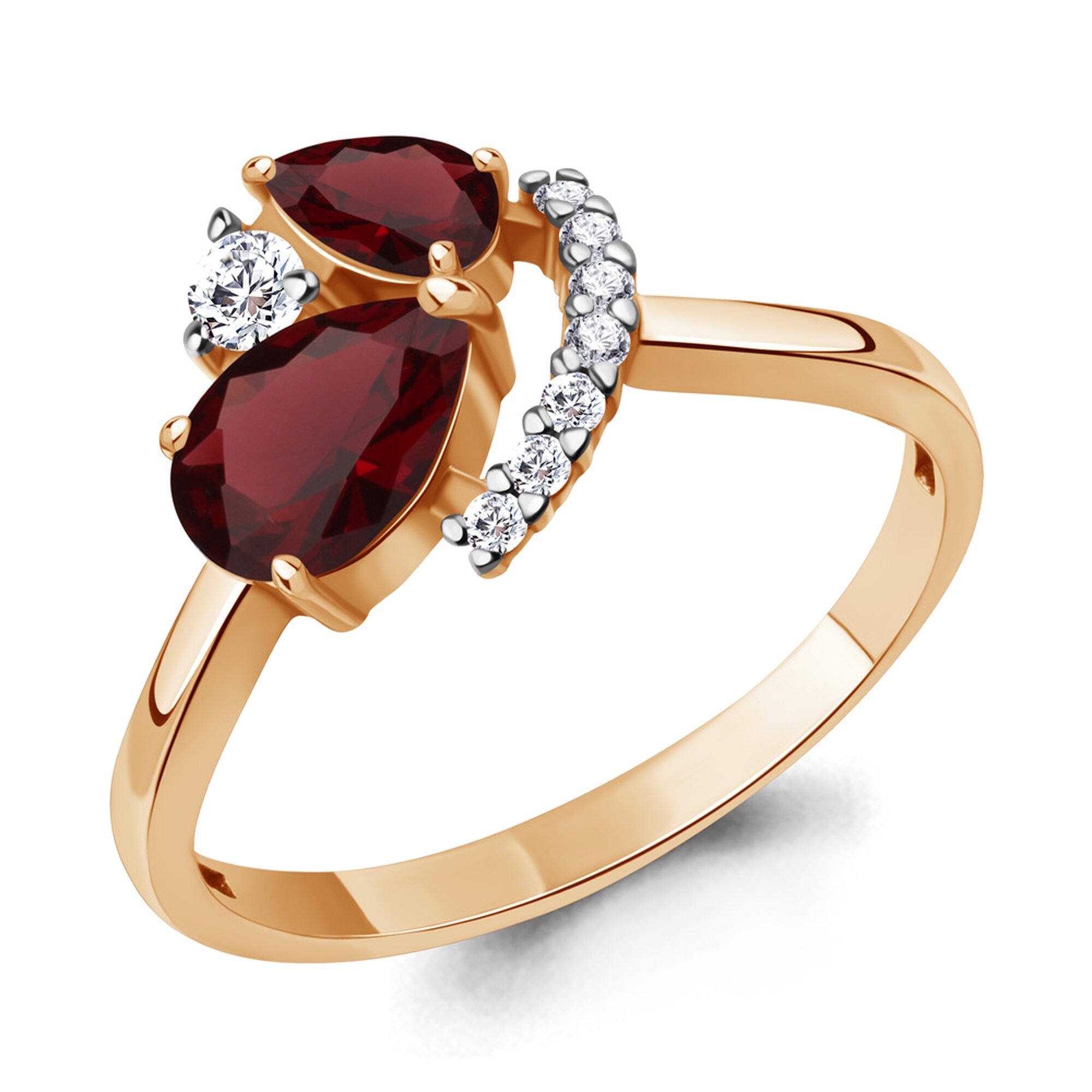 Кольцо, серебро, 925 проба, золочение, фианит, гранат