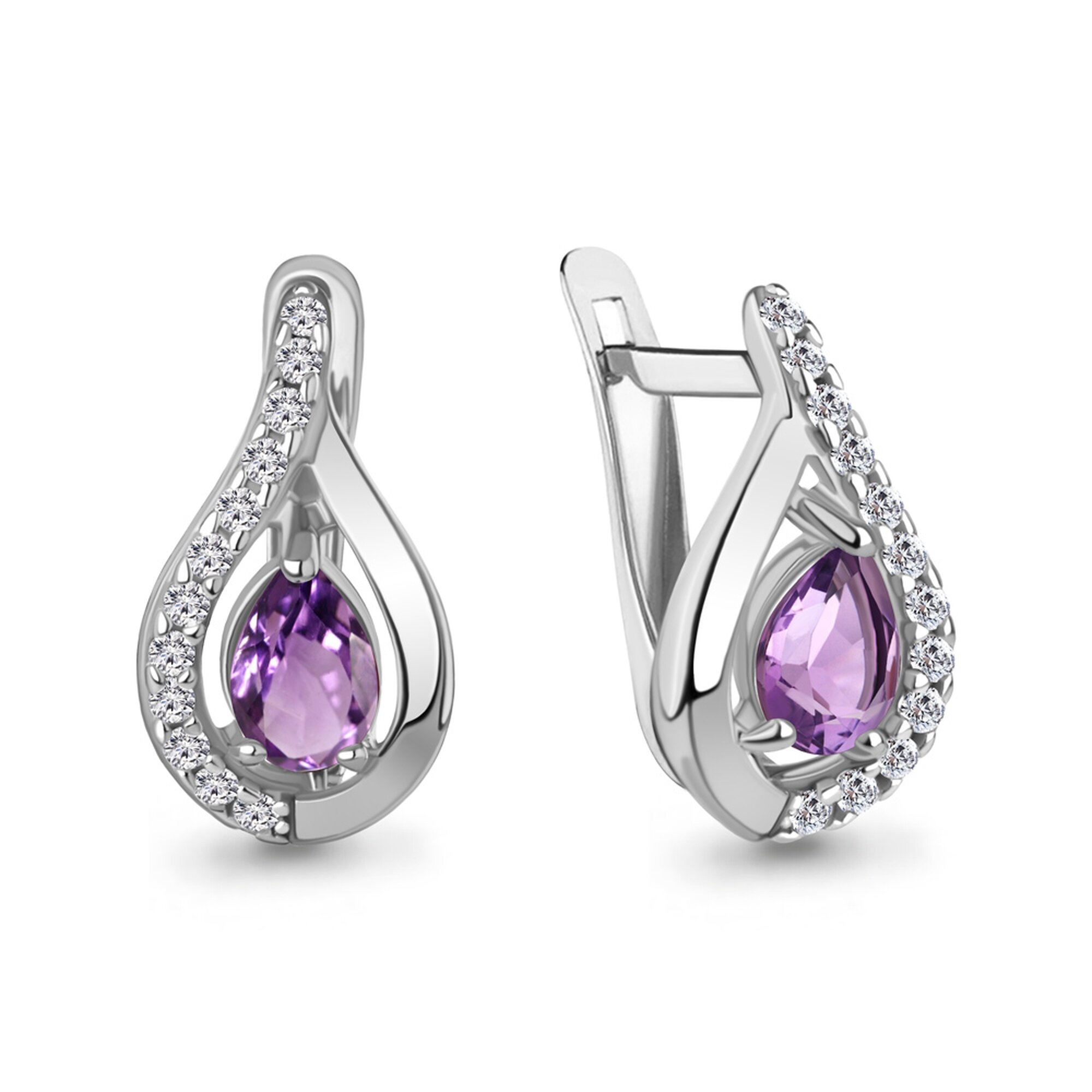 Серьги, серебро, 925 проба, родирование, фианит, аметист