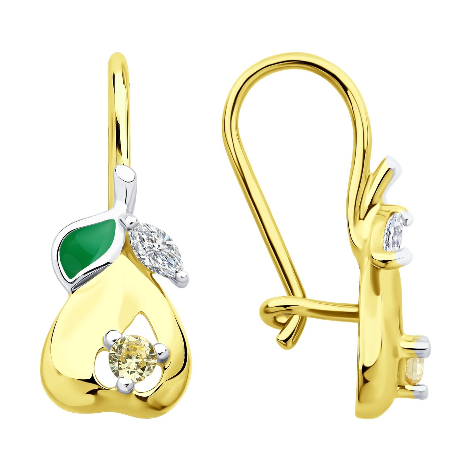 Серьги, серебро, 925 проба, золочение, эмаль, фианит