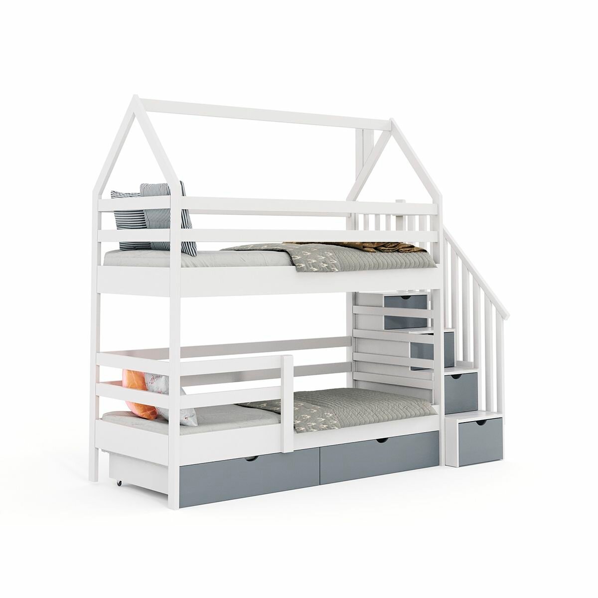 Meblevka Кровать домик для детей Корона 8 / Двухъярусная кровать-домик с ящиками Корона 8, 264х97х245, белый, серый