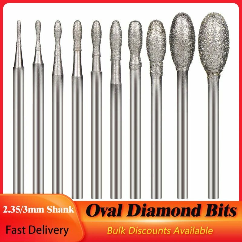 1/5/10 шт, набор овальных алмазных бит 0,8 ~ 8 мм, эллиптические шлифовальные фрезы для гравировки, 2,35/3 мм, полировальная головка с хвостовиком для вращающегося инструмента Dremel 2mm, 10pcs