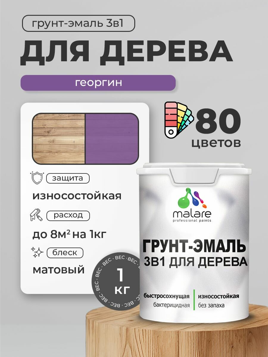 Акриловая Грунт-Эмаль 3 в 1 Malare для деревянных поверхностей/ краска по дереву с антисептическим эффектом/ быстросохнущая моющаяся без запаха матовая, георгин, 1 кг