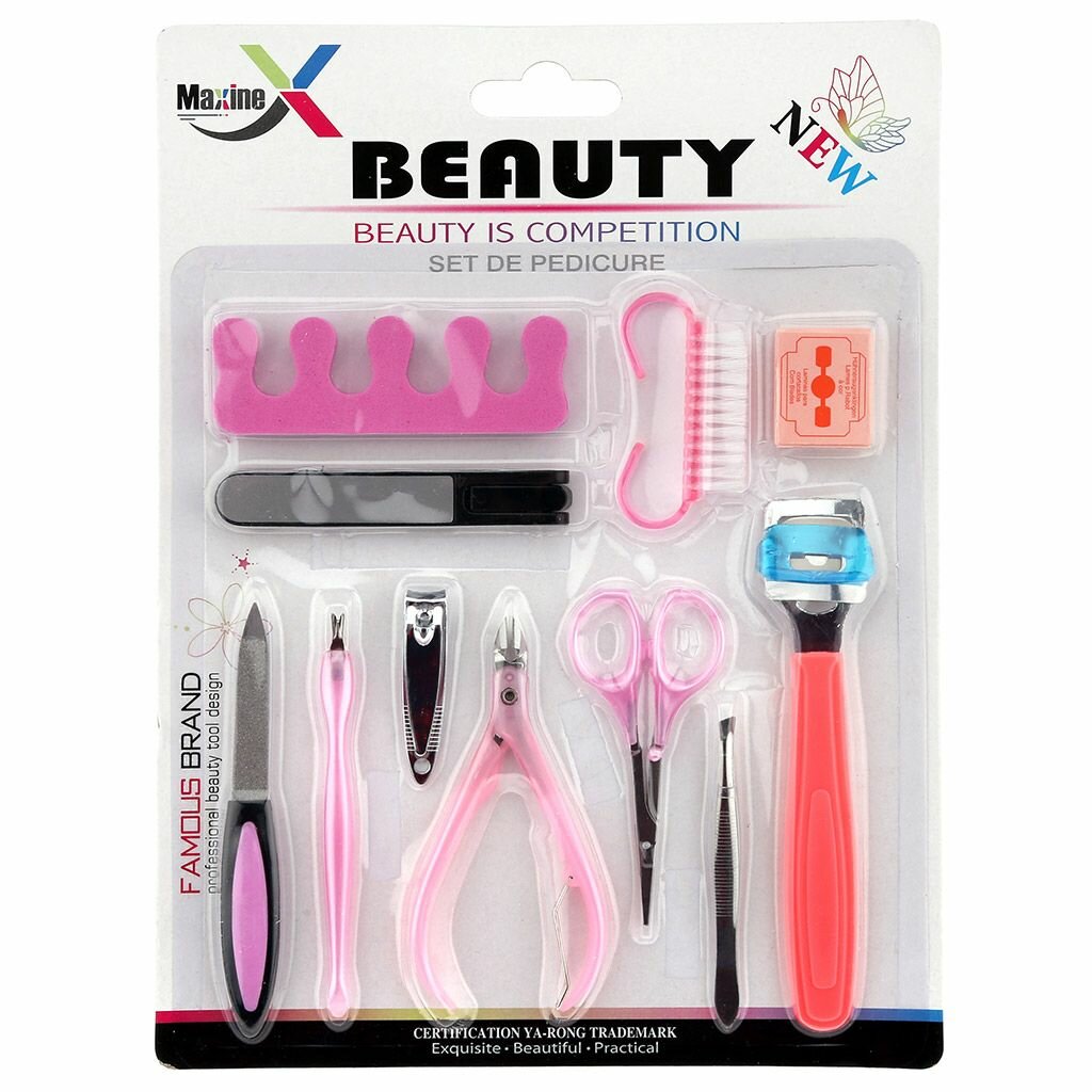 Педикюрный набор КНР 11 предметов: кусачки-книпсер, пилка, станок, сменные лезвия 3 шт, пилка, триммер, ножницы, кусачки-щипчики (X-34)