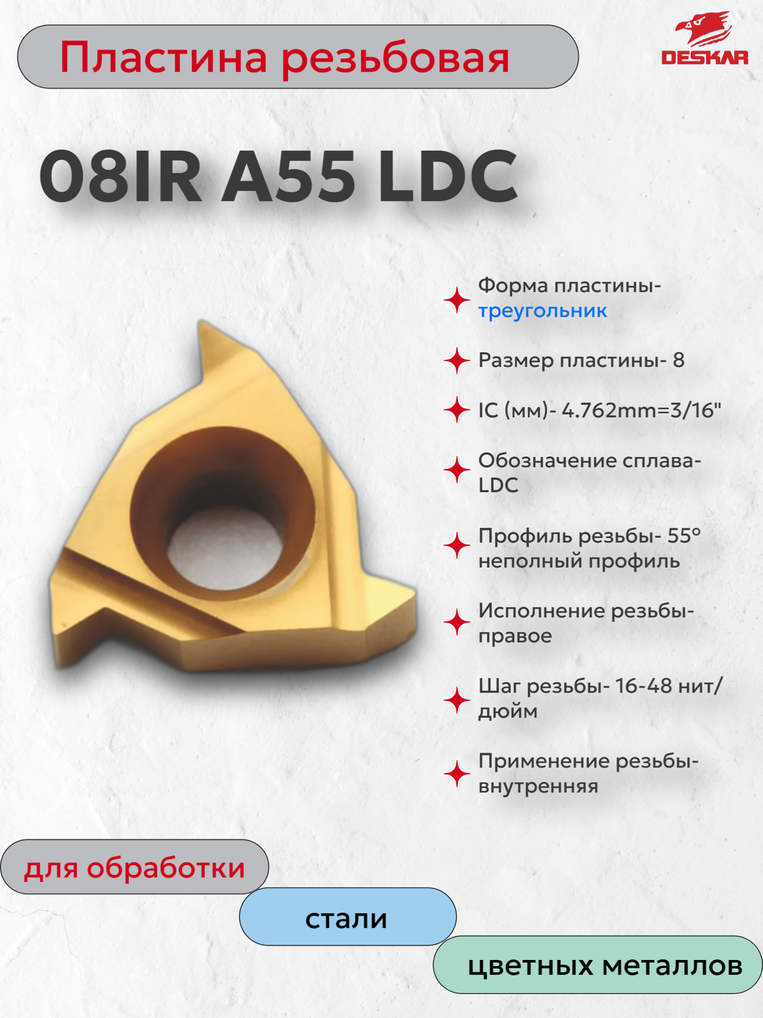 08IR A55 LDC пластина резьбовая (1 шт.) DESKAR 00-00021100