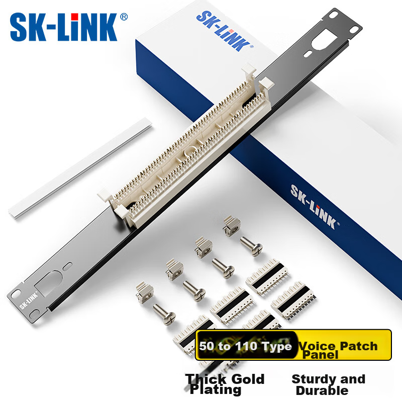SK-LINK 50 Pairs 110 Telephone Voice Patch Panel, Telecom Engineering-Grade 1U Rack-Mounted Voice Telephone Gold-Plated Wiring Rack, 19-Inch Cable Management And Wiring Device SK-P110