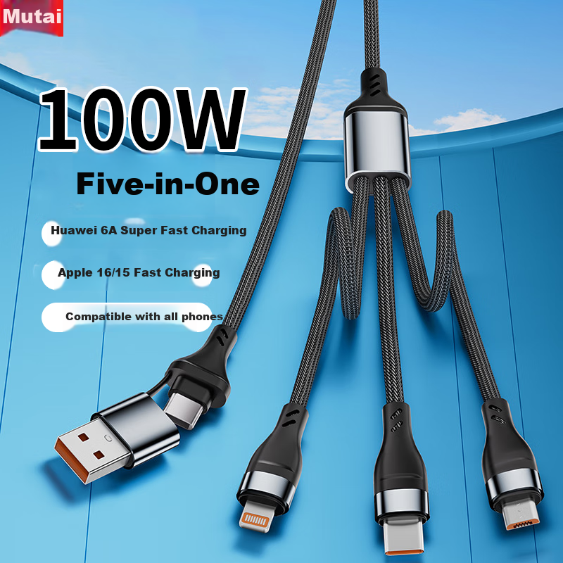 ZiTai 100W 5-in-1 Data Cable 5-in-1 Charging Cable Two-in-Three for Apple iPhone/Huawei/Xiaomi/Honor Universal 1.2m Black