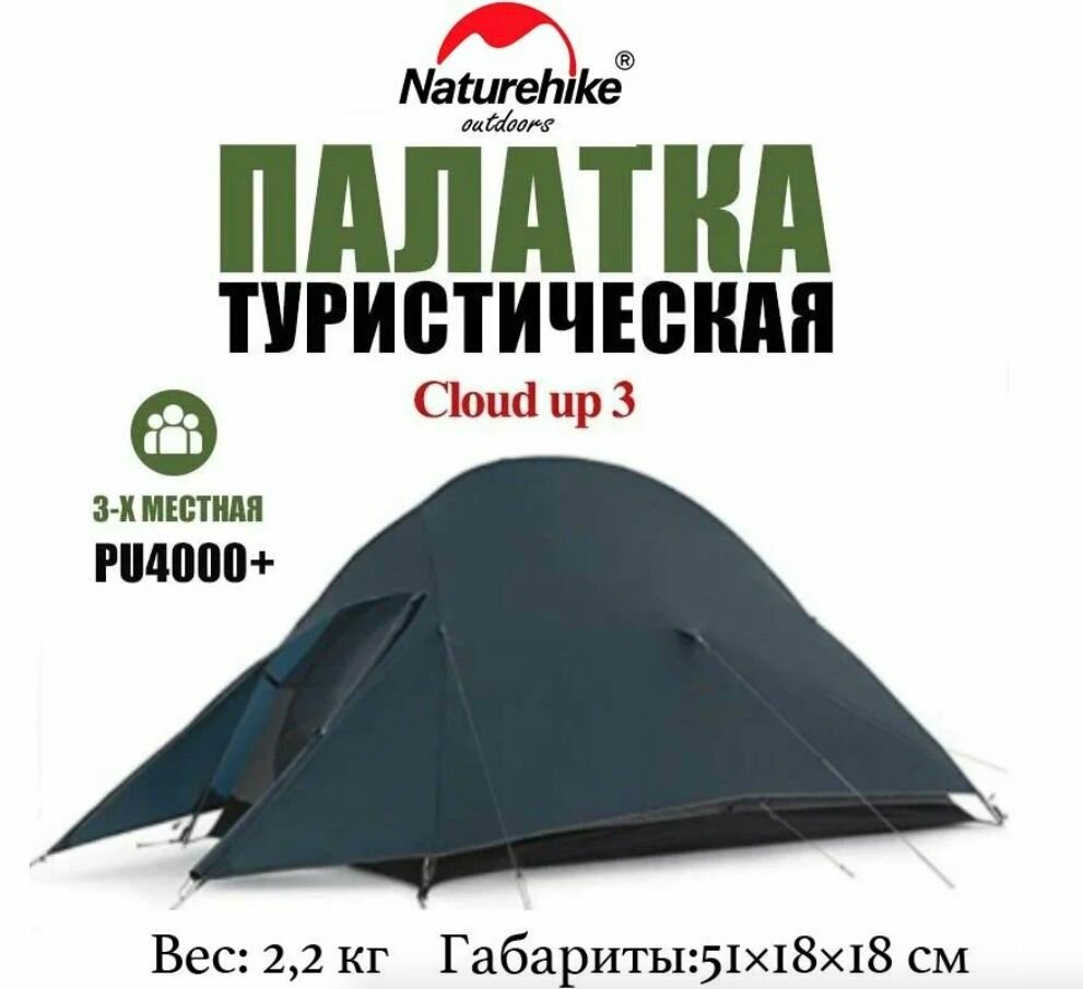 Туристическая палатка Naturehike Cloud Up 3 Синяя (NH18T030-T) 3-местная