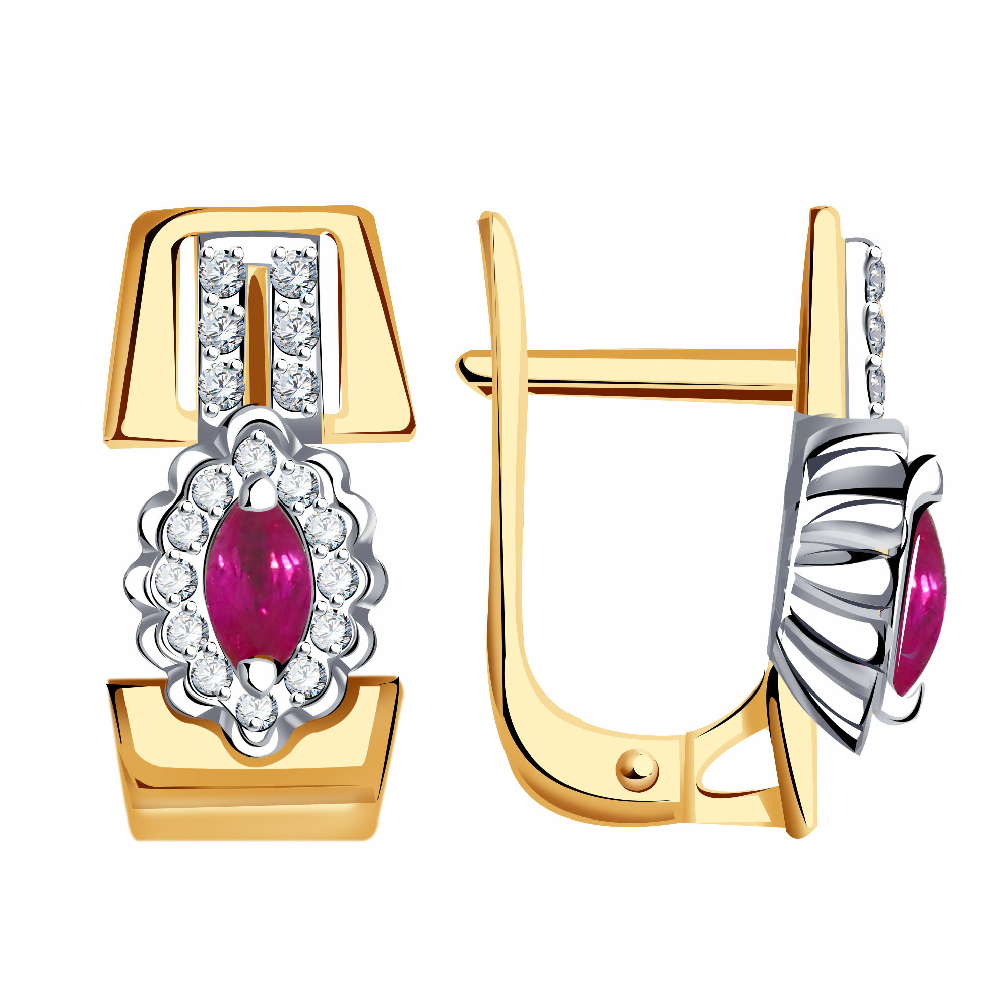 Серьги, красное золото, 585 проба, рубин, бриллиант