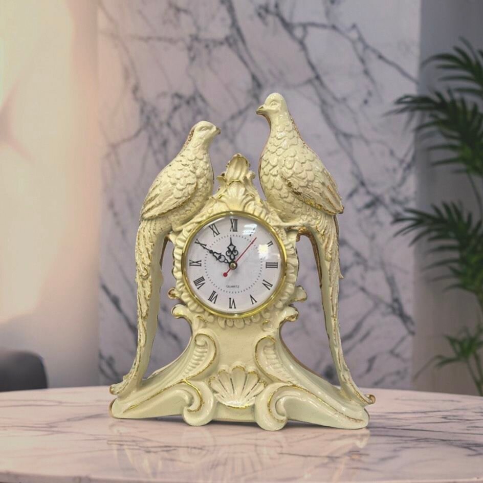 Часы литьевой мрамор "Птицы" Н-35 L-30 W-8 см Цвет: Слоновая кость с позолотой