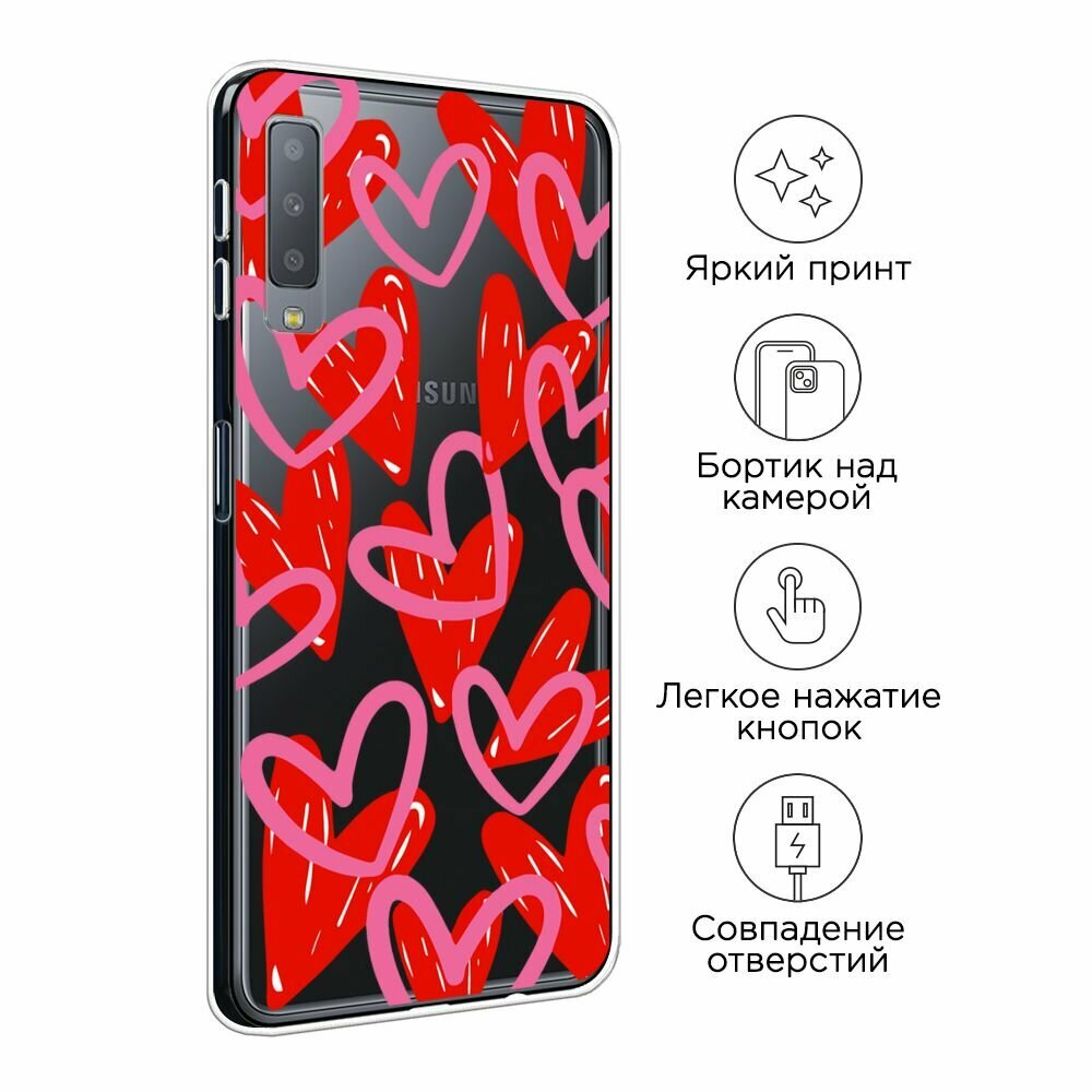 Чехол на Samsung Galaxy A7 2018 / Самсунг Галакси А7 2018 с принтом "Hearts doodles - 14 февраля", прозрачный — фото 1