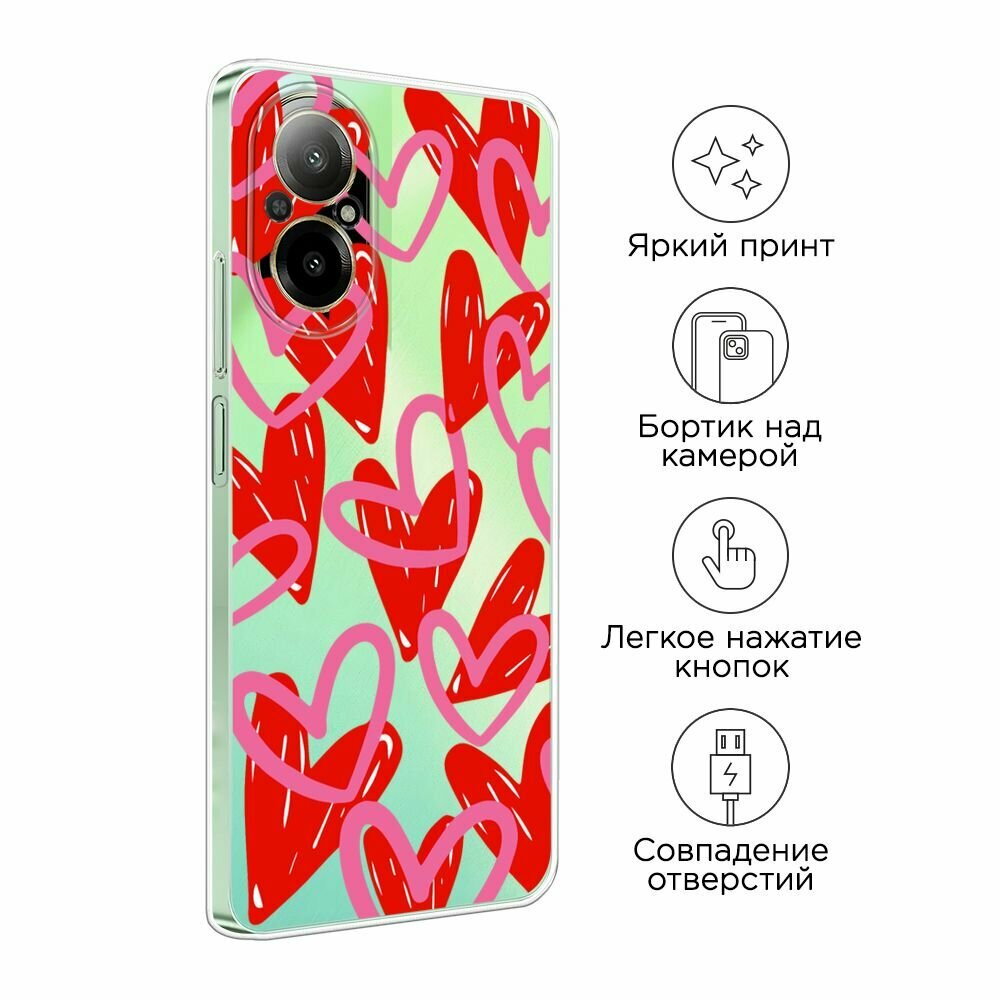Чехол на Realme C67 4G / Реалми C67 4G с принтом "Hearts doodles - 14 февраля", прозрачный — фото 1