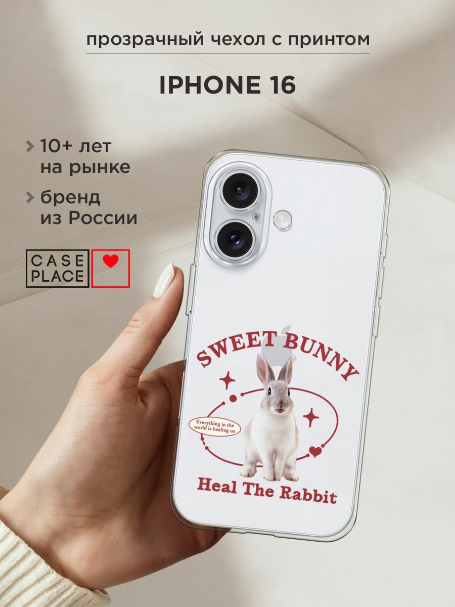 Чехол на Apple iPhone 16 / Айфон 16 с принтом "Heal the rabbit", прозрачный