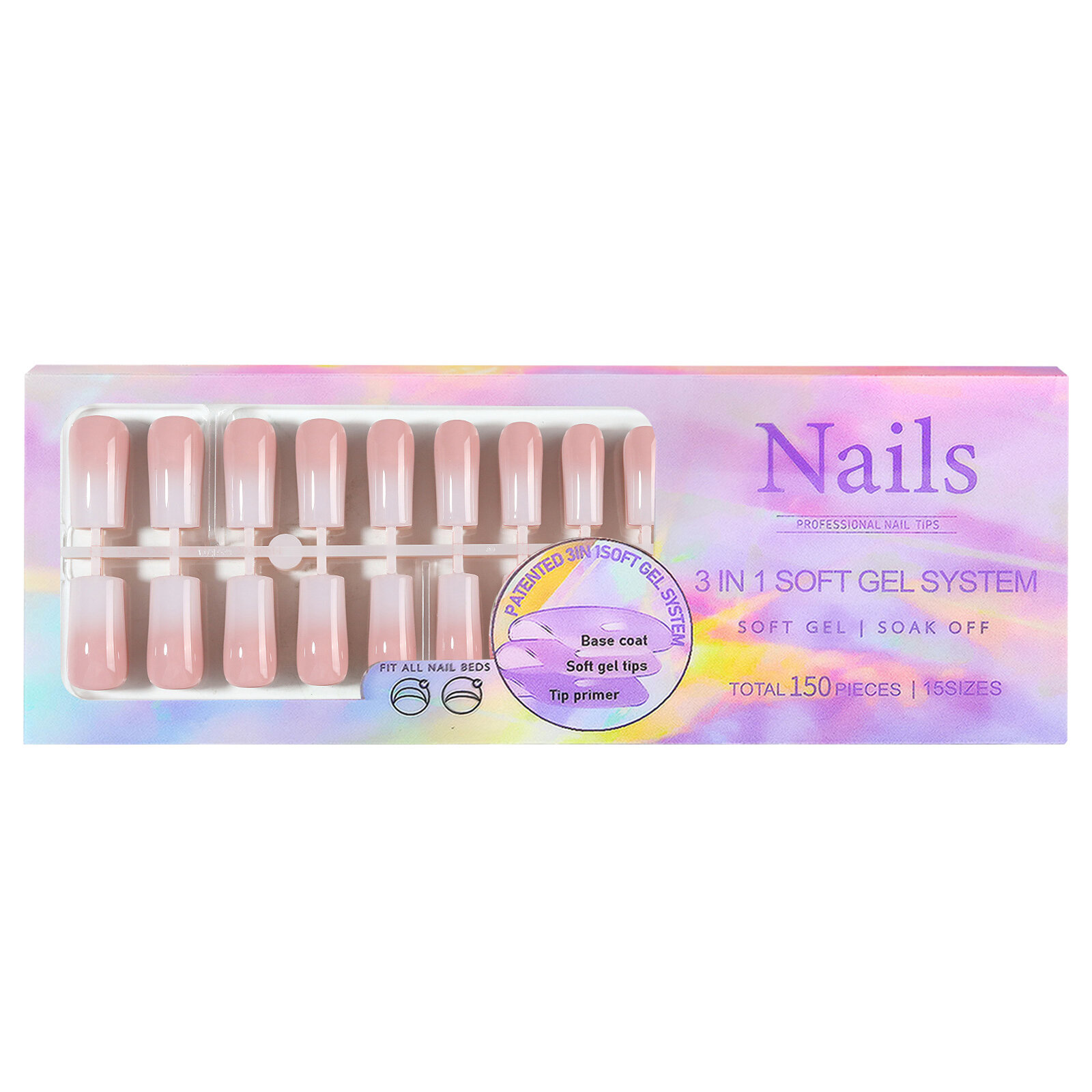 5 градиентных цветов, мягкие гелевые типсы, предварительно нанесенное базовое покрытие и праймер, накладные ногти, 15 размеров для дизайна ногтей и маникюра своими руками