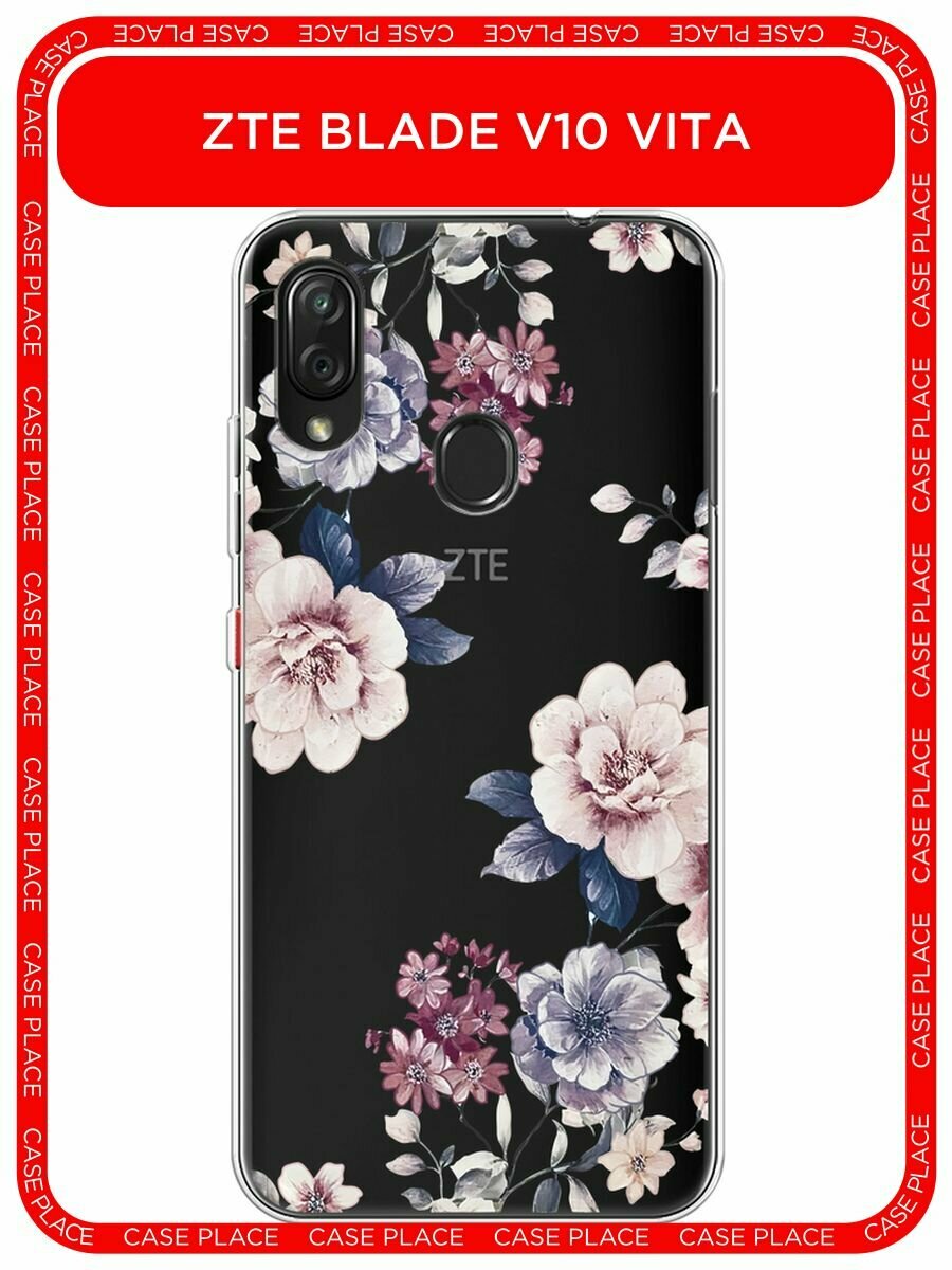 Чехол на ZTE Blade V10 Vita / ЗТЕ Блейд V10 Вита с принтом "Нежные винтажные цветы", прозрачный