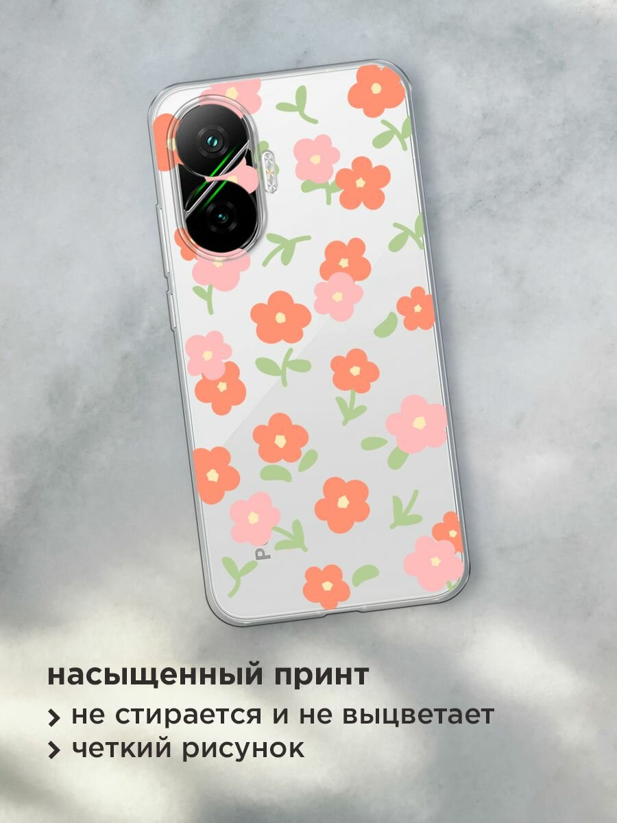 Чехол на Poco F7 / Поко F7 с принтом "Красные цветочки рисунок", прозрачный — фото 1