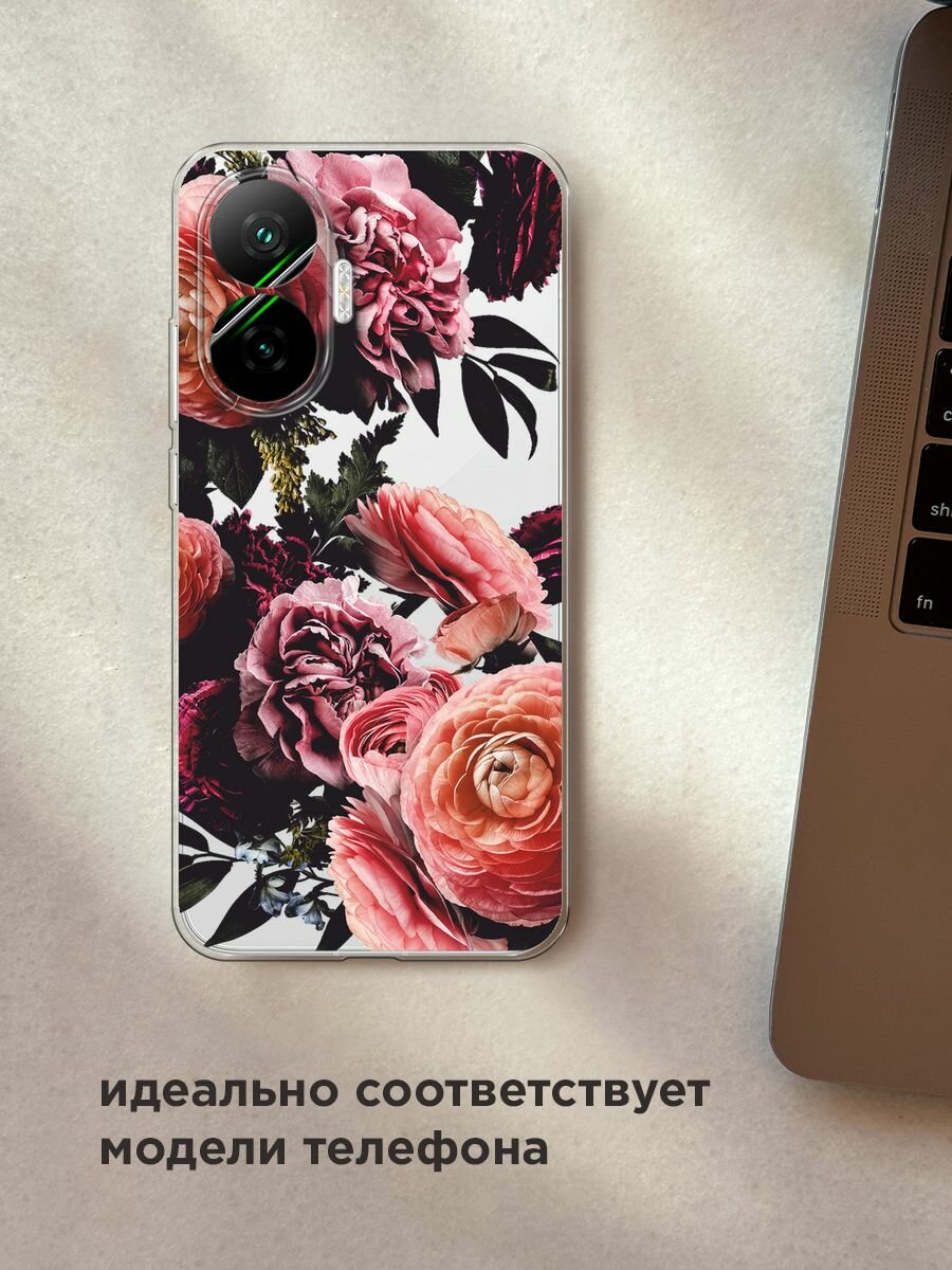 Чехол на Poco F7 / Поко F7 с принтом "Бордовые винтажные цветы", прозрачный — фото 1