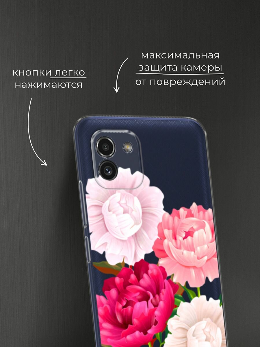 Чехол на Samsung Galaxy A03 / Самсунг Галакси А03 с принтом "Большие пионы", прозрачный — фото 1