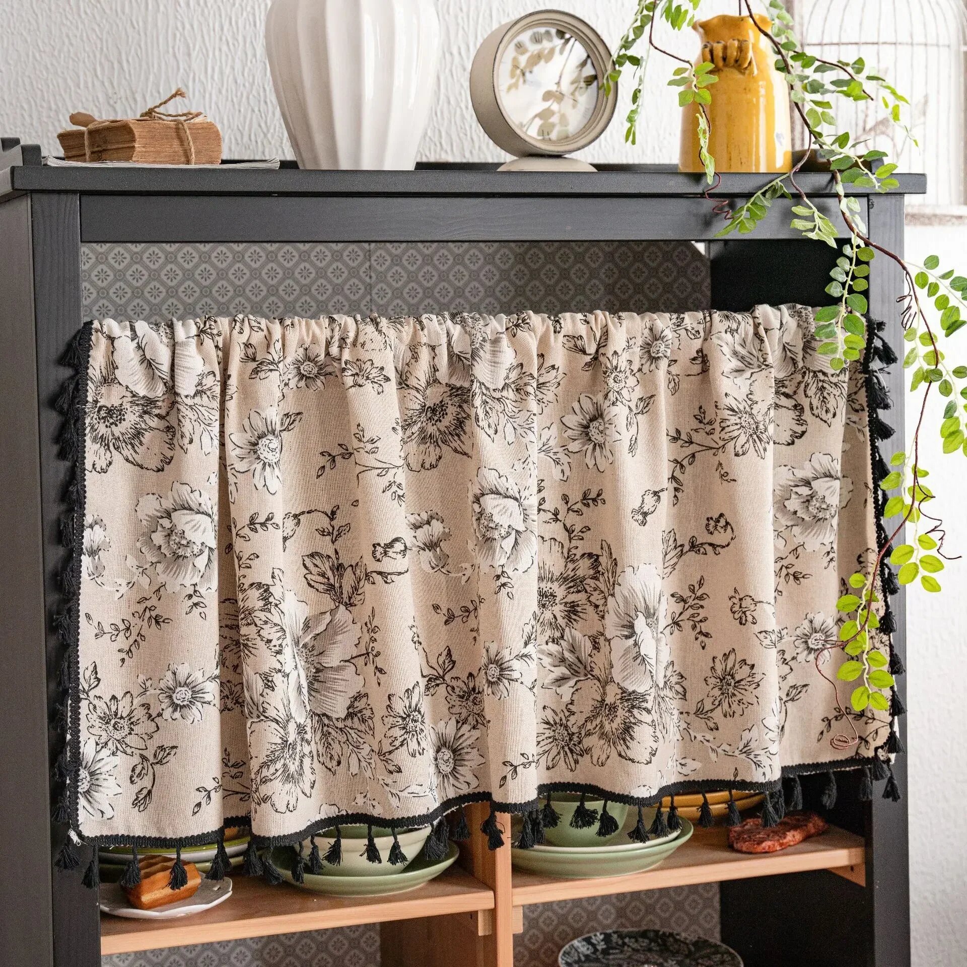 Кухонные шторы из хлопка и льна, короткие, с кисточками, для кафе W150XH60cm, Style 3