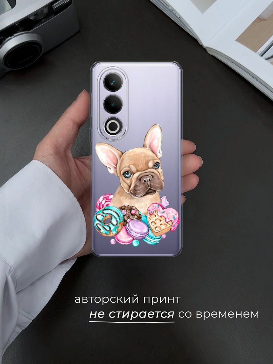 Чехол на Oneplus Ace 3V / Ван Плас Эйс 3V с принтом "Бульдог и сладости", прозрачный — фото 1