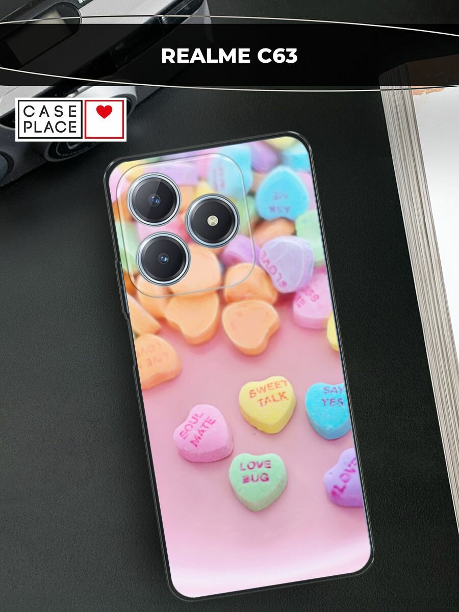 Чехол на Realme C63 / Реалми С63 с принтом "Конфетки сердечки 2"