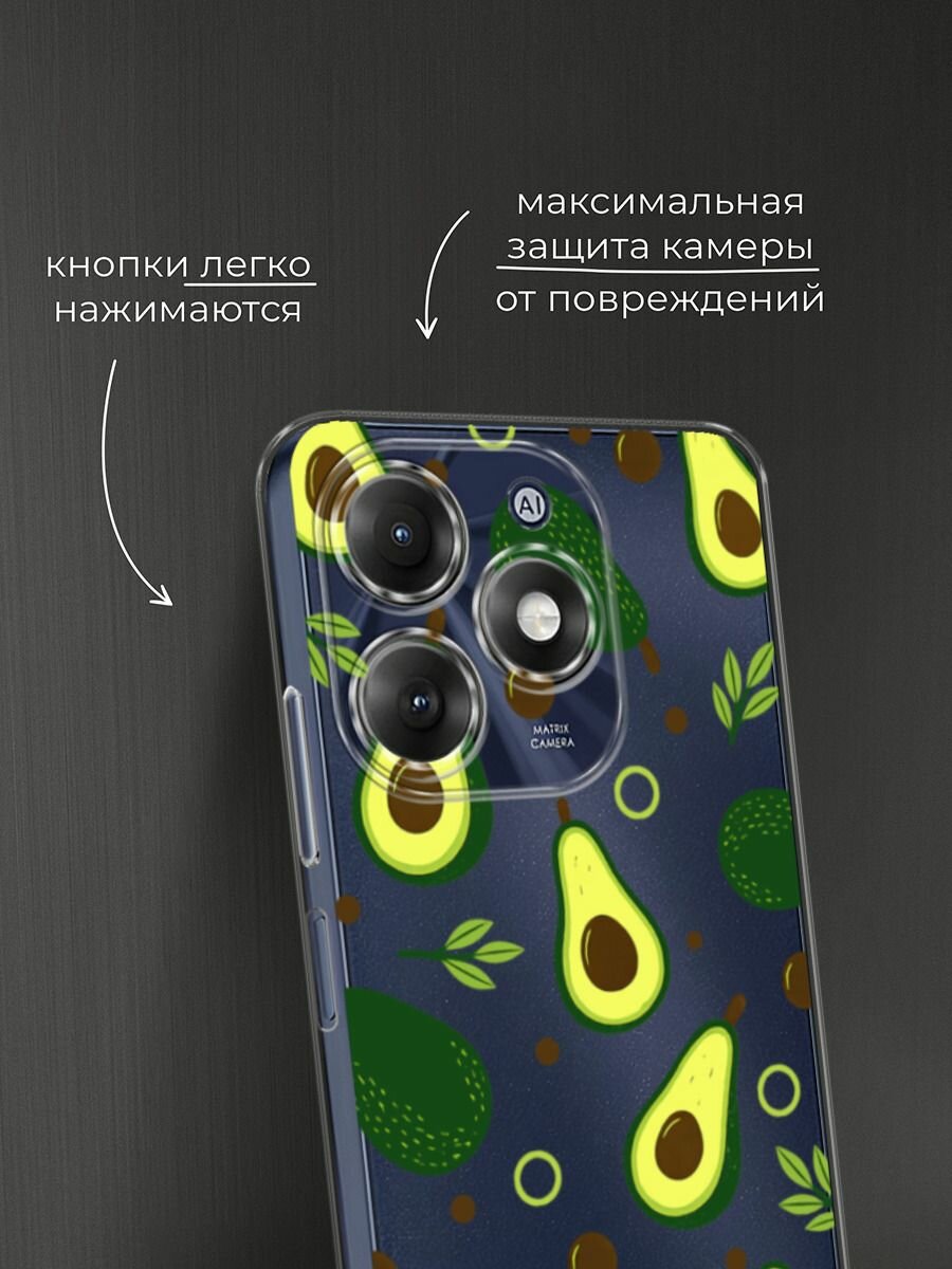 Чехол на Itel A70 / Ител А70 с принтом "Авокадо паттерн", прозрачный — фото 1