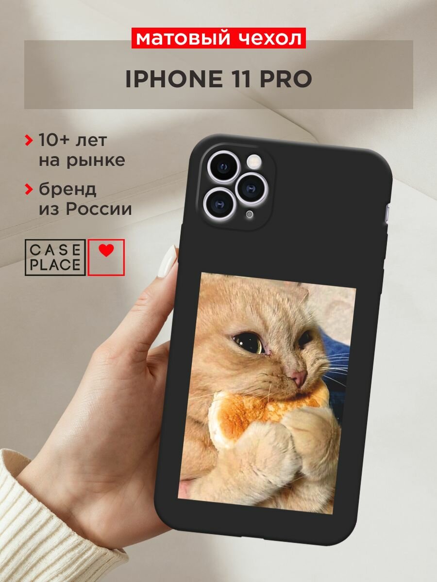 Черный матовый чехол на Apple iPhone 11 Pro / Айфон 11 Про с принтом "Котик кушает"