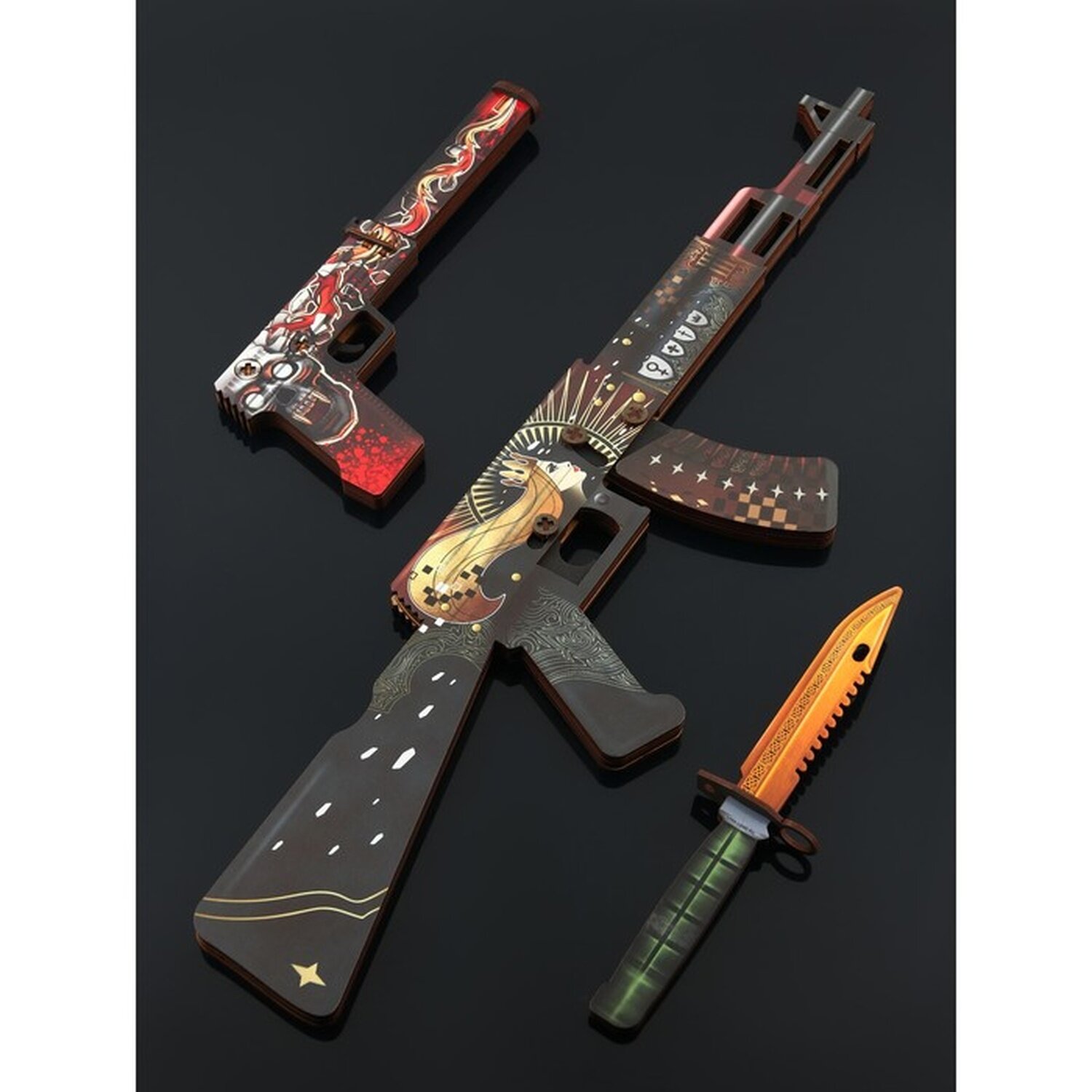 Набор сувенирное оружие "Красный с золотом", автомат, пистолет с глушителем, нож-штык, 3 шт