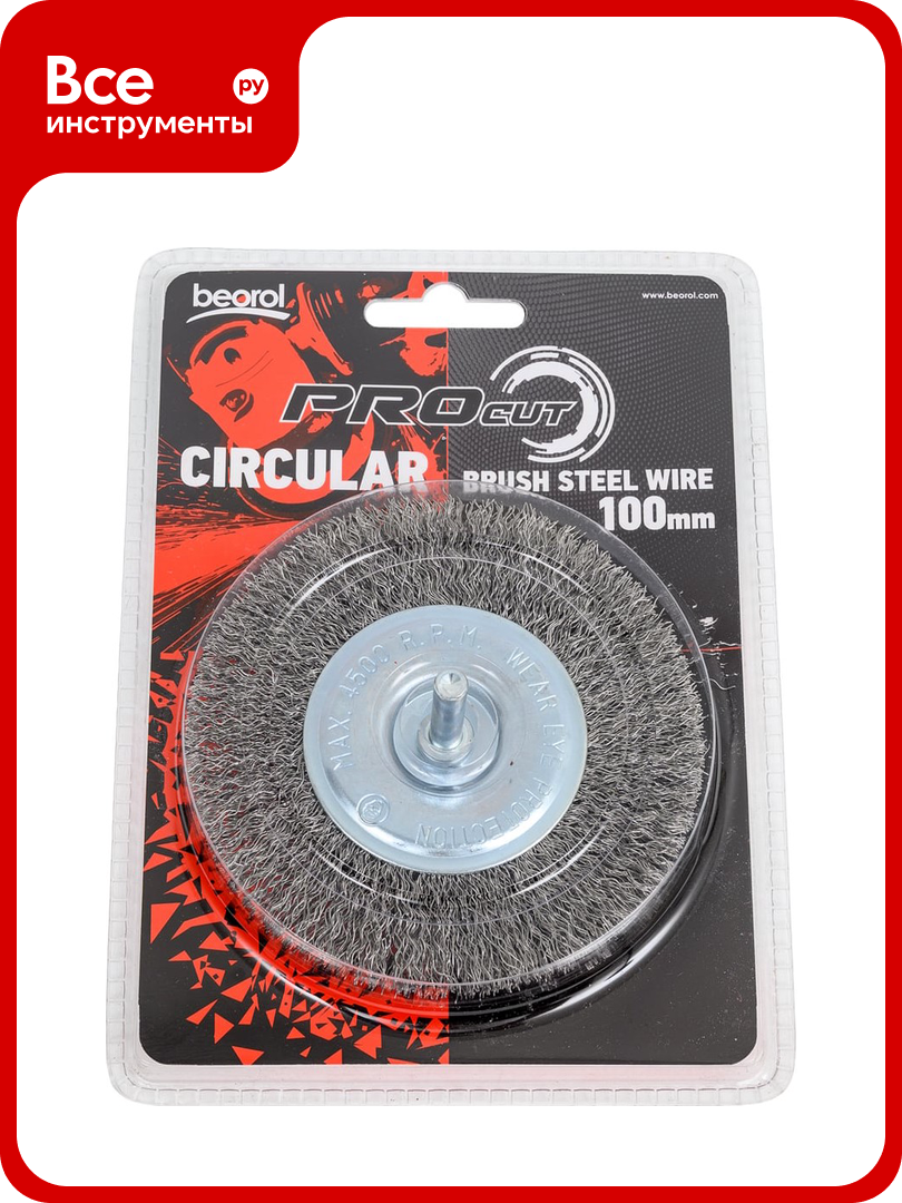 Щетка плоская со шпилькой для дрели BEOROL, стальная волнистая проволока, хвостовик 6 мм, конструкция