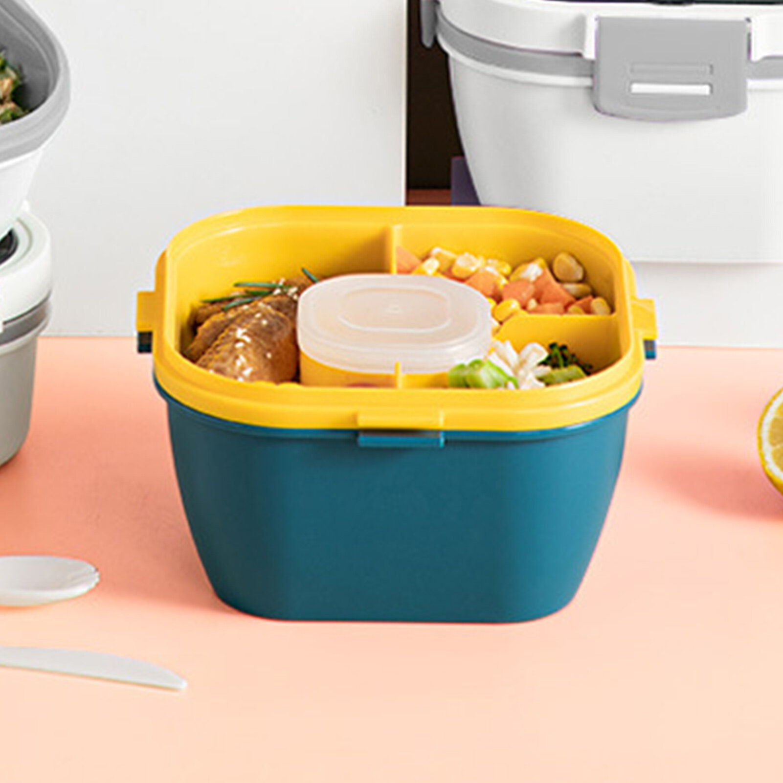 2-слойный пластиковый ланч-бокс для салата, безопасный для микроволновой печи контейнер для салата, портативный фруктовый жир, уменьшающий легкую еду, коробка для пикника для офисных работников, синий, 1200 мл