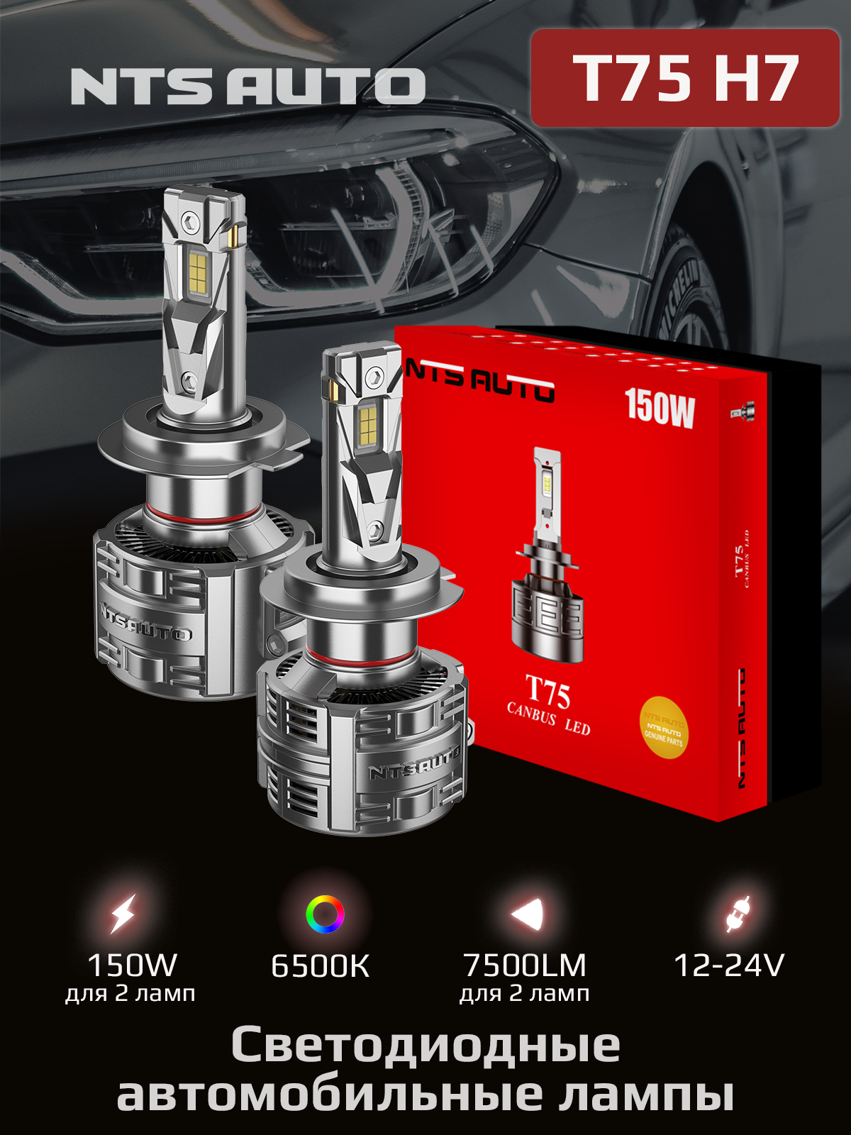 Светодиодные лед лампы H7 T75 NTS AUTO с обманкой 6500K, H7 LED