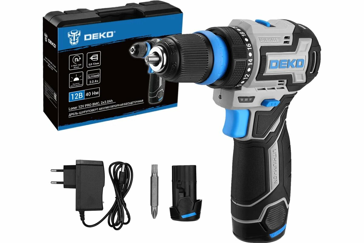 Дрель-шуруповерт аккумуляторная бесщеточная компактная DEKO Loner 12V PRO со съёмным патроном 12В 40Нм 1x3Ач 085-1121