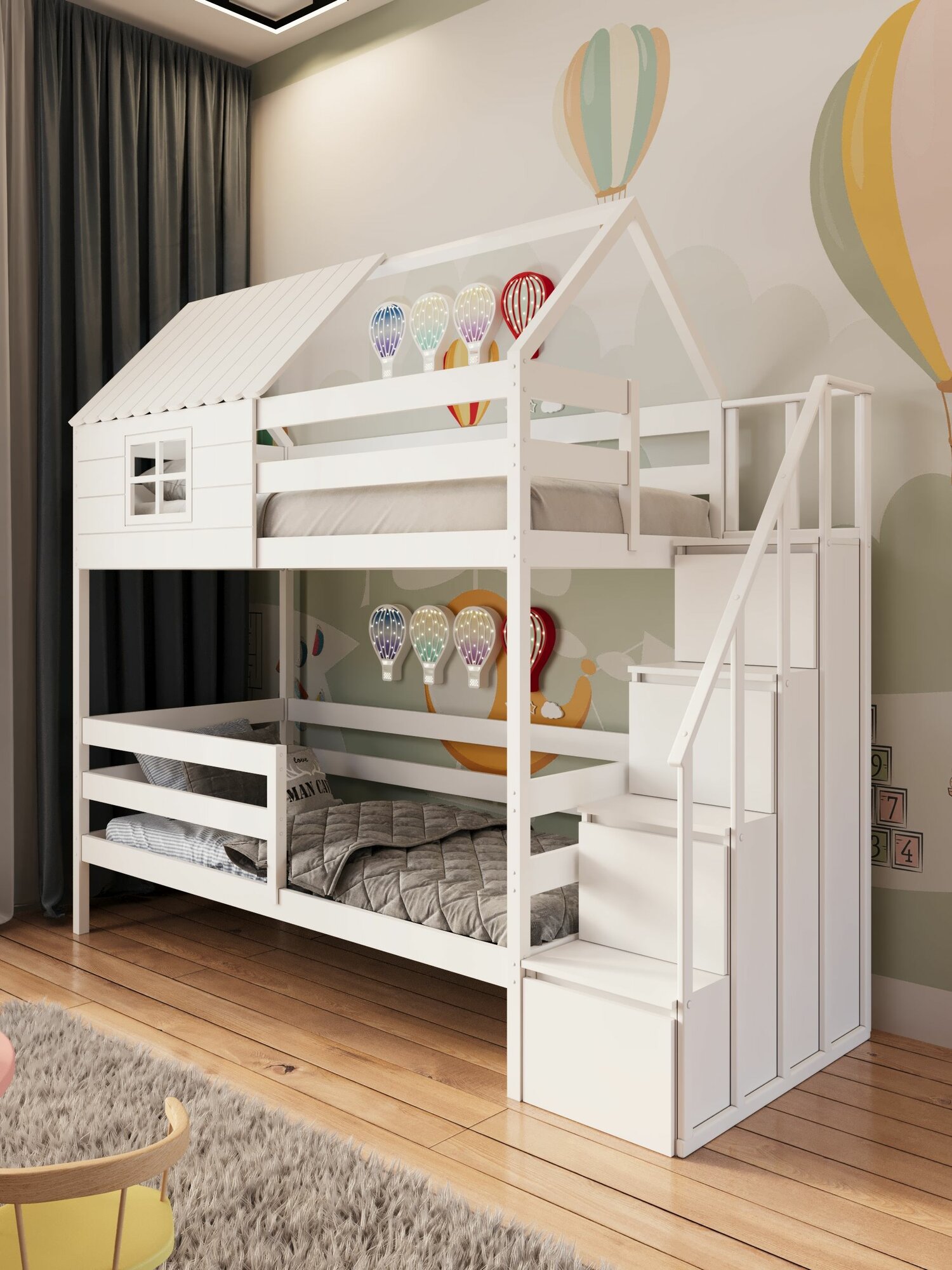 Кровать двухъярусная Домик с окном 200х90 из березы, лестница комод, без ящиков