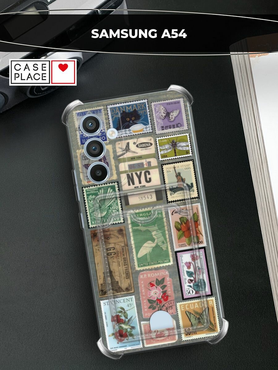 Чехол на Samsung Galaxy A54 5G (Самсунг Галакси А54 5G) с картой и принтом Коллаж из марок
