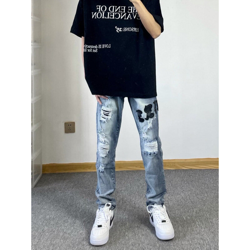 Тренд RONG CH Мужские Джинсы Американские Лето Потертые Слим Стрейт Студенческие Деним, Размер_M