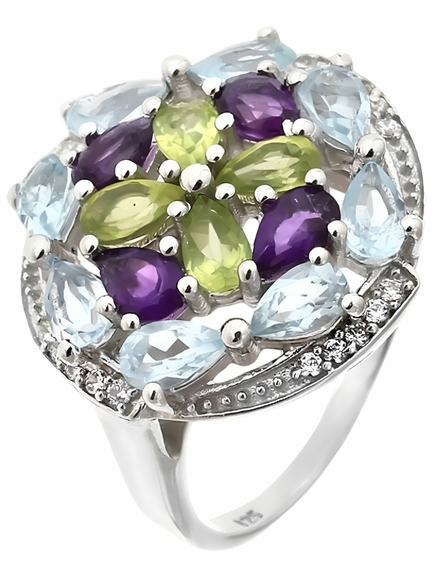 Кольцо тонкое, серебро, 925 проба, родирование, фианит, топаз, аметист